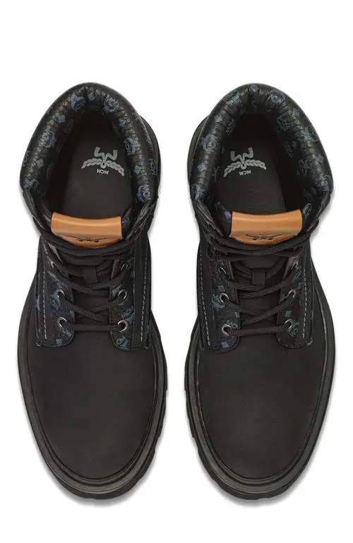 Mcm Ankle Boots In Nubuck And Monogram Print Leather - Black