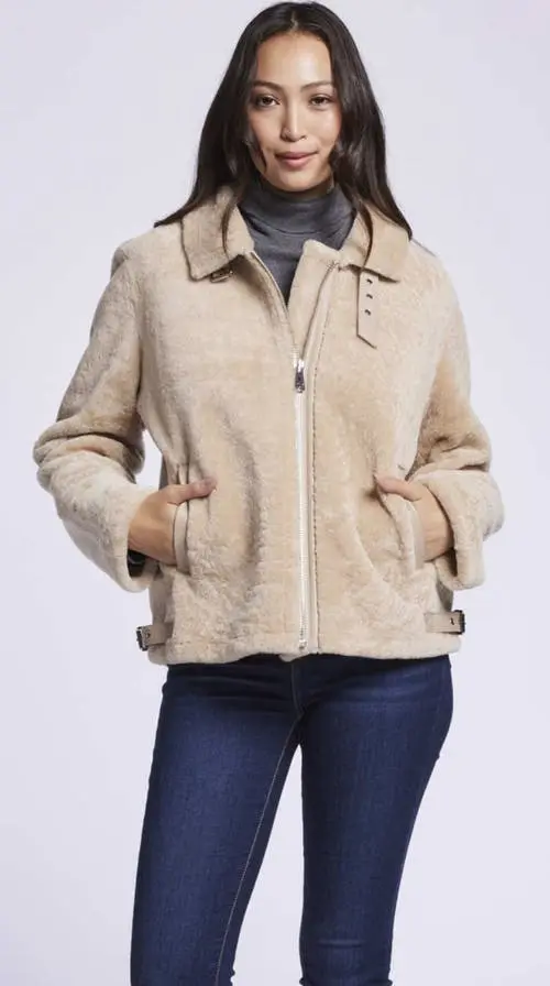 BLUE DUCK Shearling Moto Jacket - Beige