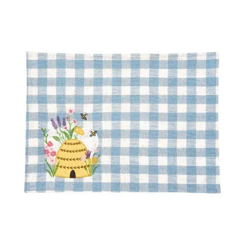 C&F HOME Bee Happy Bee Hive Gingham Plaid Cotton Blend Set Of 6 Placemats 13" X 16" - Blue