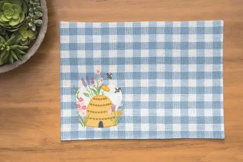 C&F HOME Bee Happy Bee Hive Gingham Plaid Cotton Blend Set Of 6 Placemats 13" X 16"