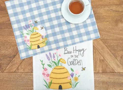 C&F HOME Bee Happy Bee Hive Gingham Plaid Cotton Blend Set Of 6 Placemats 13" X 16"