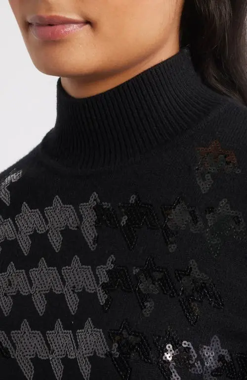 Anne Klein Sequin Houndstooth Mock Neck Sweater - Anne Black