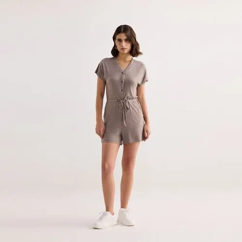 REISTOR Regular Fit V-neck Knit Romper - Dusty Brown