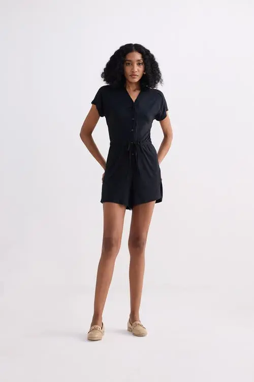 REISTOR V-neck Knit Romper With Drawstring - Black