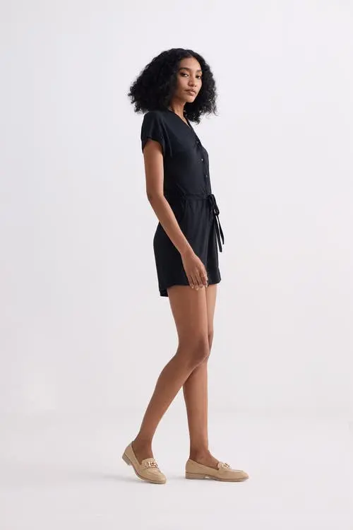REISTOR V-neck Drawstring Knit Romper - Solid