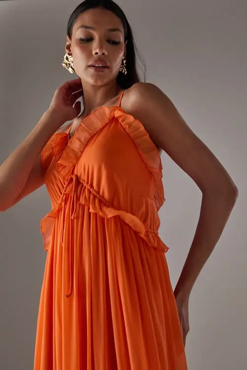 WAREHOUSE Chiffon Ruffle Strappy Maxi Dress