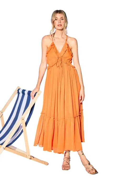 WAREHOUSE Chiffon Ruffle Strappy Maxi Dress