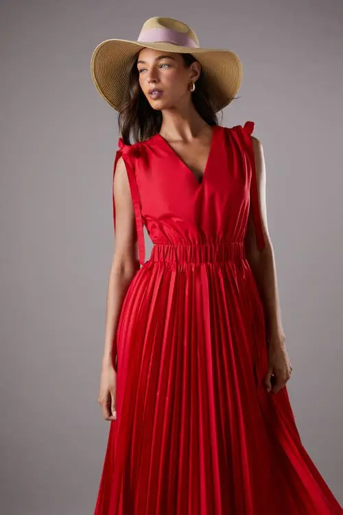 Coast Tie Shoulder Pleated Midi Dress - Red