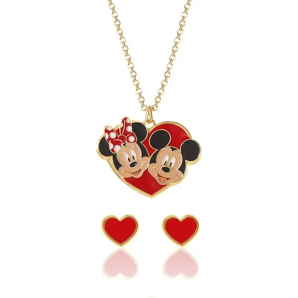 Disney Mickey And Minnie Heart Necklace And Stud Earrings Set - Red/black