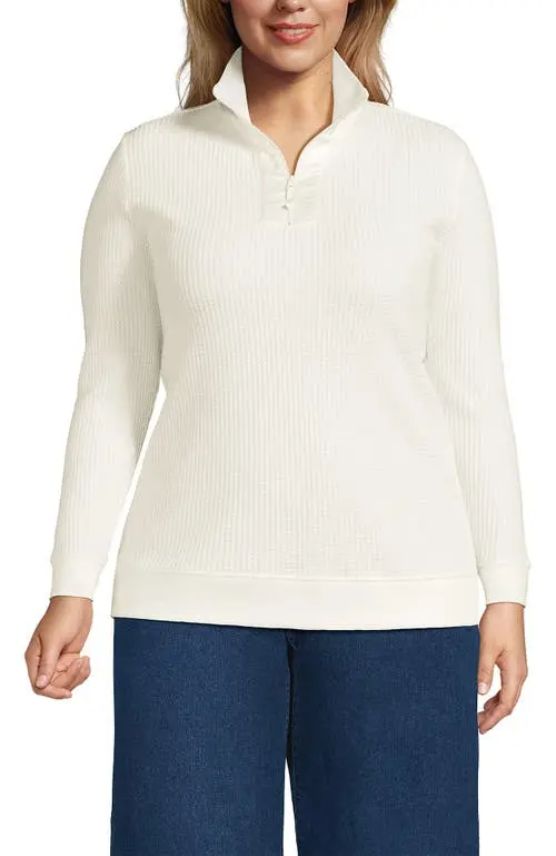LANDS' END Long Sleeve Waffle Quarter Zip Pullover - Ivory