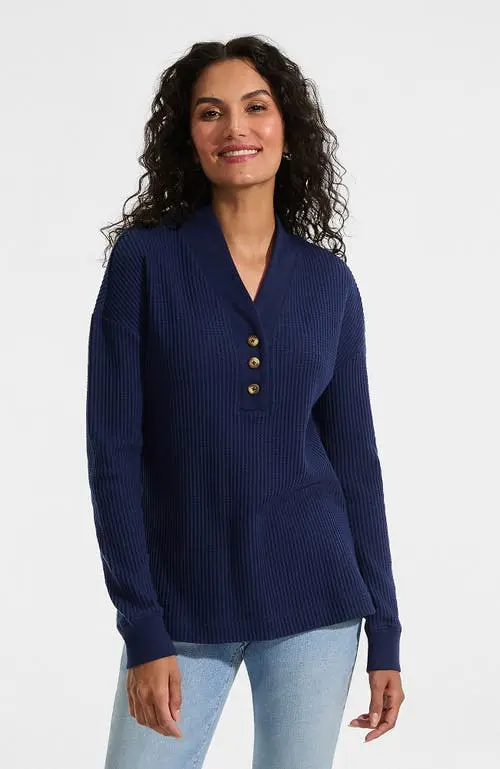 LANDS' END Long Sleeve Waffle Henley - Deep Sea Navy
