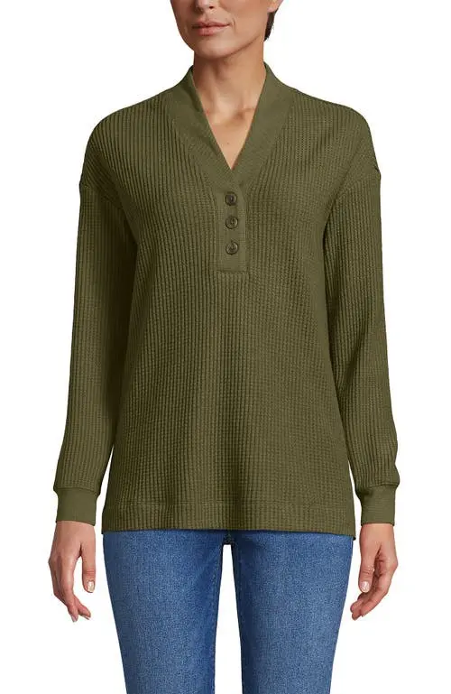 LANDS' END Long Sleeve Waffle Henley - Olive Drab