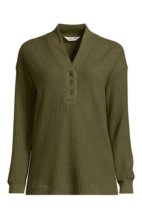 LANDS' END Long Sleeve Waffle Henley - Olive Drab
