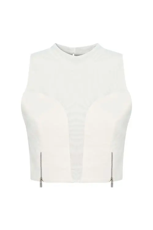 JENDUE Crop Top With Sheer Mock Neck And Bustier Detailing