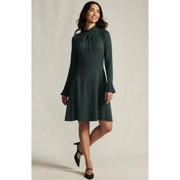 LANDS' END Fine Gauge Cotton Fit And Flare Sweater Dress - Evening Forest