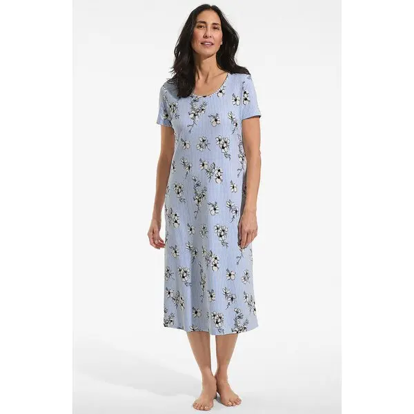LANDS' END Cotton Short Sleeve Midcalf Nightgown - Ivory/light Sea Blue Floral