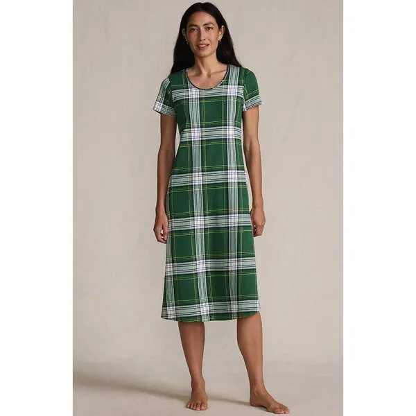 LANDS' END Cotton Short Sleeve Midcalf Nightgown - Light Emerald Plaid
