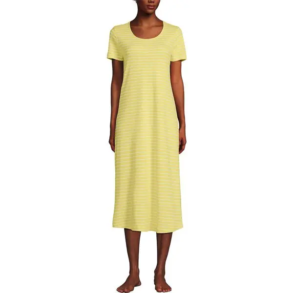 LANDS' END Cotton Short Sleeve Midcalf Nightgown - Yellow Bliss Simple Stripe