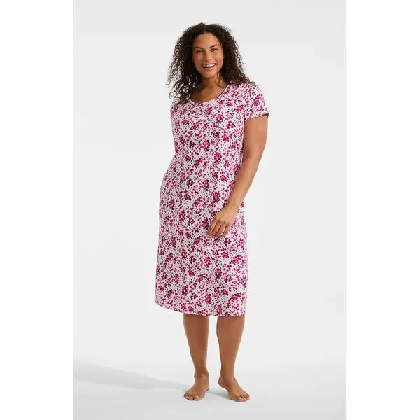 LANDS' END Cotton Short Sleeve Midcalf Nightgown - Hot Pink Floral