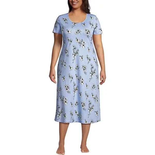 LANDS' END Cotton Short Sleeve Midcalf Nightgown - Ivory/light Sea Blue Floral