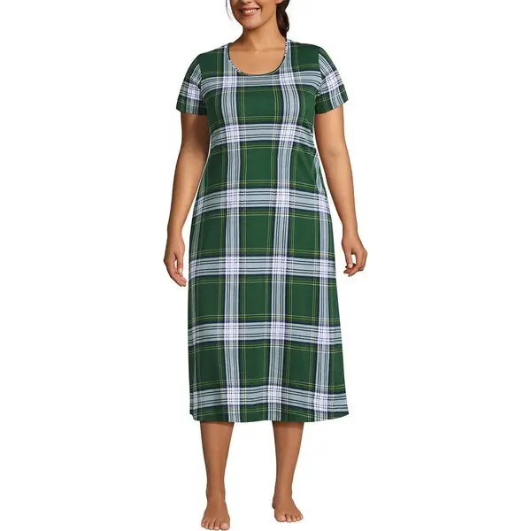 LANDS' END Cotton Short Sleeve Midcalf Nightgown - Light Emerald Plaid