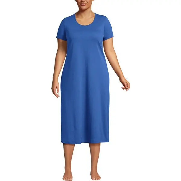 LANDS' END Cotton Short Sleeve Midcalf Nightgown - Muted Cobalt Blue