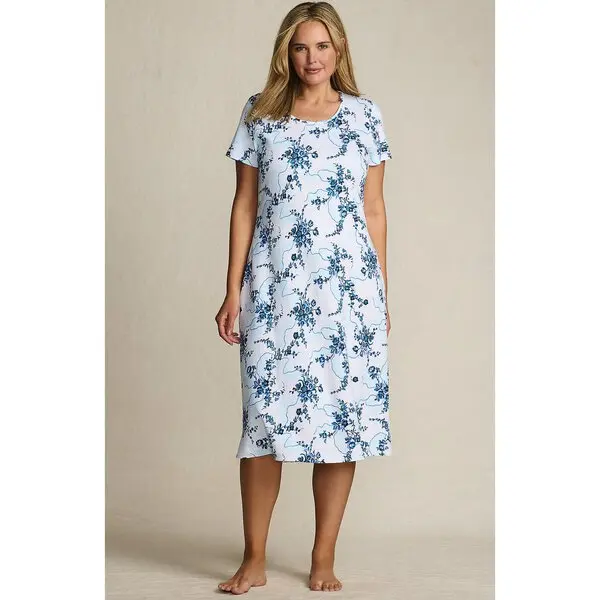 LANDS' END Cotton Short Sleeve Midcalf Nightgown - White/muted Cobalt Lace Floral