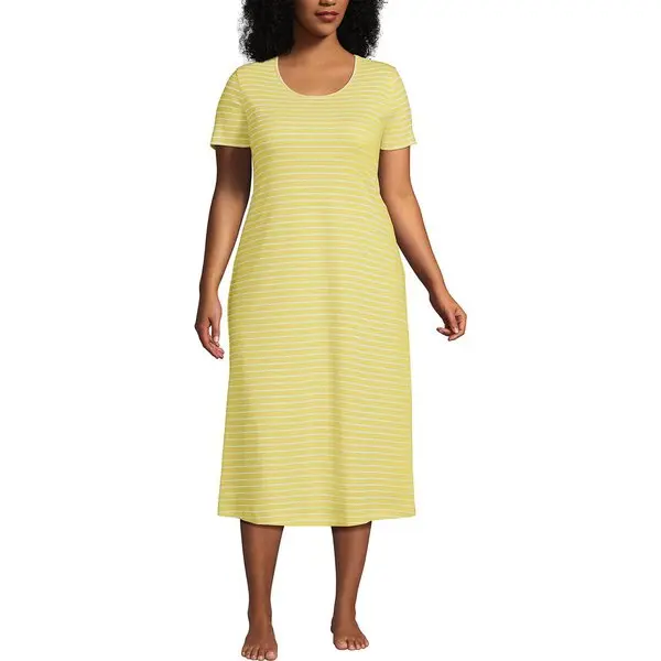LANDS' END Cotton Short Sleeve Midcalf Nightgown - Yellow Bliss Simple Stripe