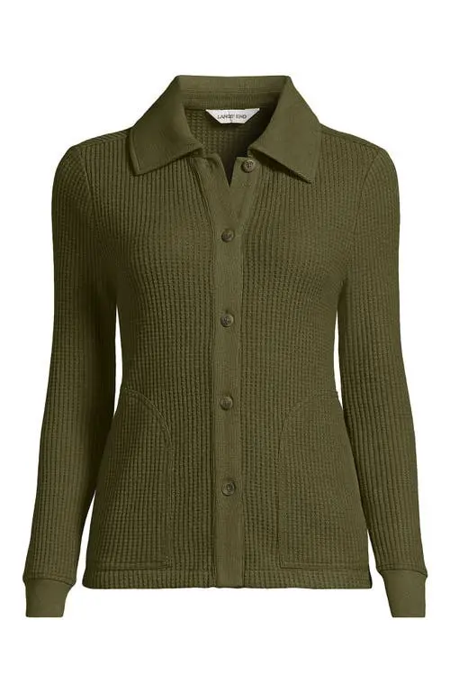 LANDS' END Waffle Knit Shirt Jacket - Olive Drab