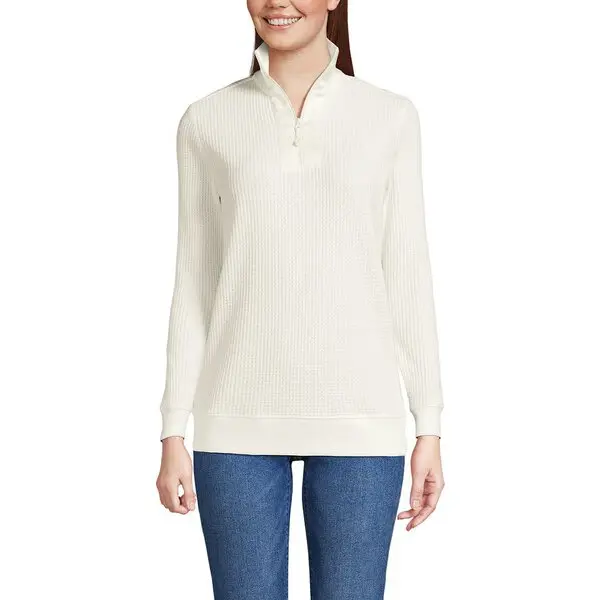 LANDS' END Long Sleeve Waffle Quarter Zip Pullover - Ivory