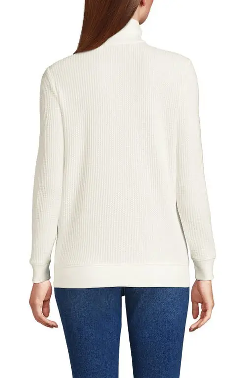LANDS' END Long Sleeve Waffle Quarter Zip Pullover - Ivory