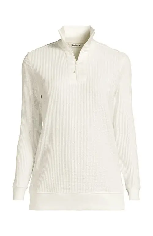 LANDS' END Long Sleeve Waffle Quarter Zip Pullover - Ivory