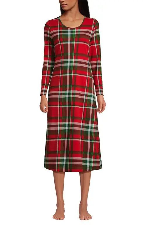 LANDS' END Cotton Long Sleeve Midcalf Nightgown - Compass Red/emerald Plaid