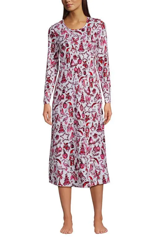 LANDS' END Cotton Long Sleeve Midcalf Nightgown - Pink/red Festive Critters