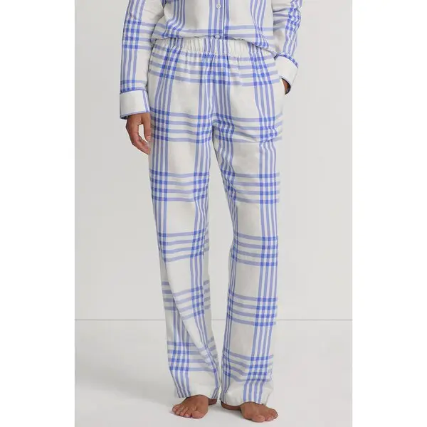 LANDS' END Print Flannel Pajama Pants - Clear Blue Plaid