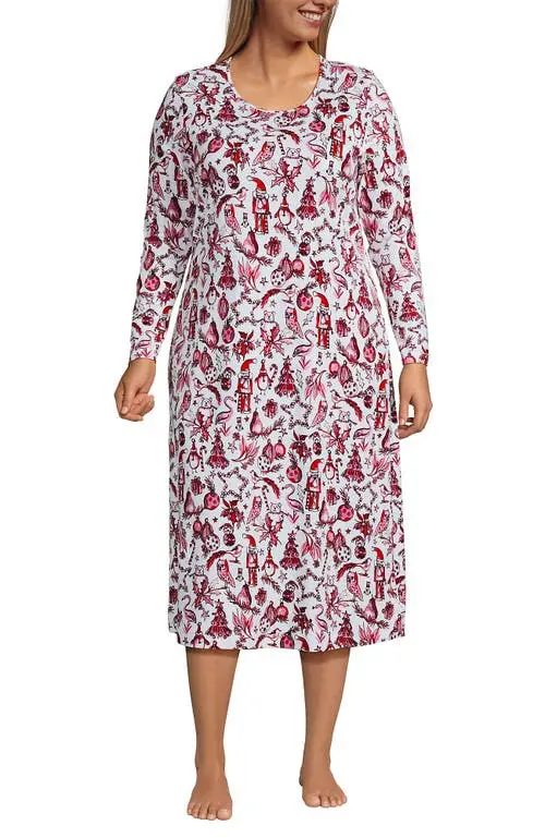 LANDS' END Cotton Long Sleeve Midcalf Nightgown - Pink/red Festive Critters