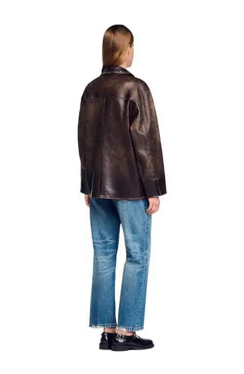 Sandro Oversized Leather Jacket With Studs