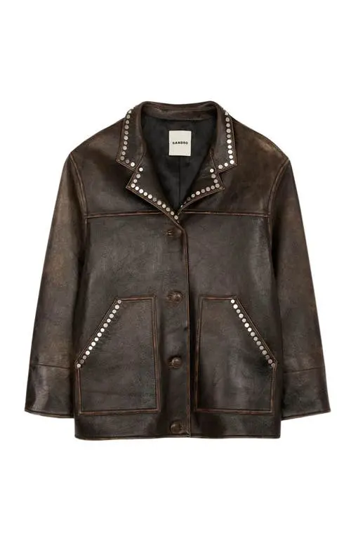 Sandro Oversized Leather Jacket With Studs