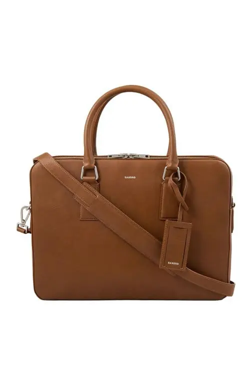 Sandro Large Grained Leather Briefcase - Cognac