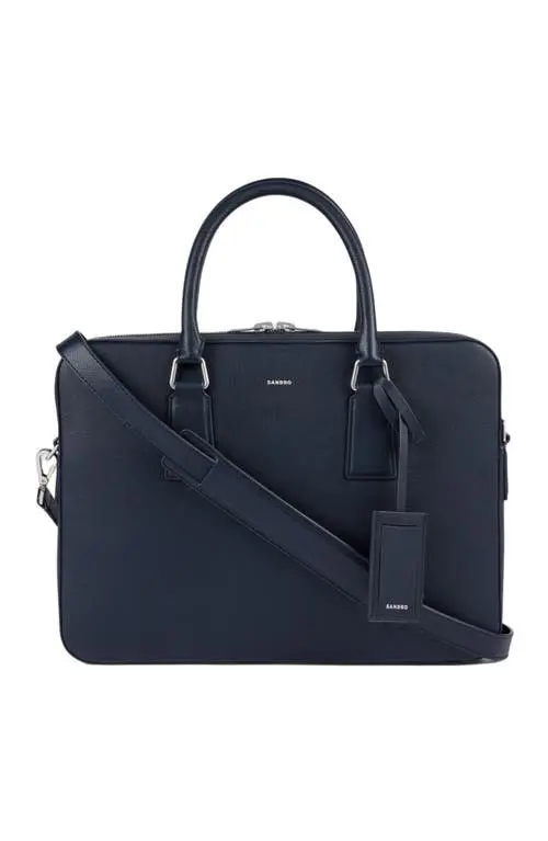 Sandro Large Grained Leather Briefcase - Navy Blue