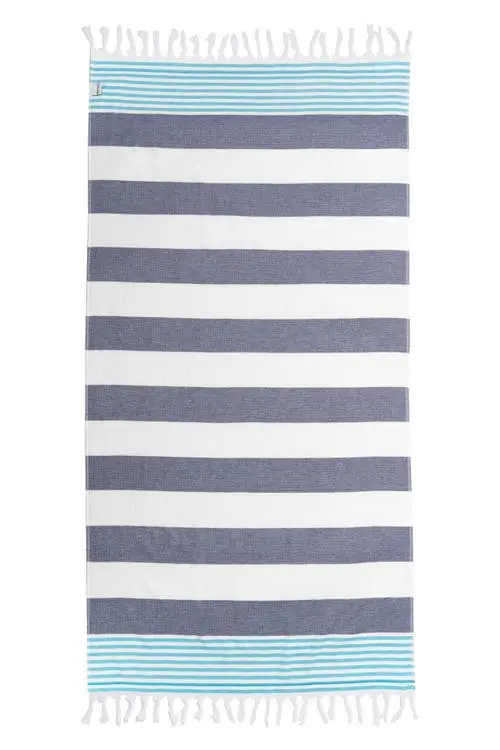 INFUSEZEN Marine Striped Organic Turkish Towel With Soft Terry Cloth Lining - Navy And Blue