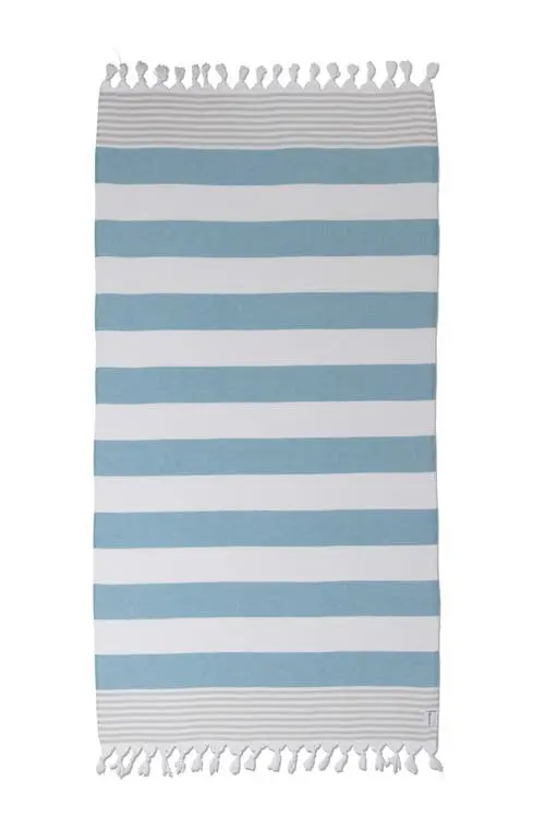 INFUSEZEN Marine Striped Organic Turkish Towel With Soft Terry Cloth Lining - Turquoise And Grey