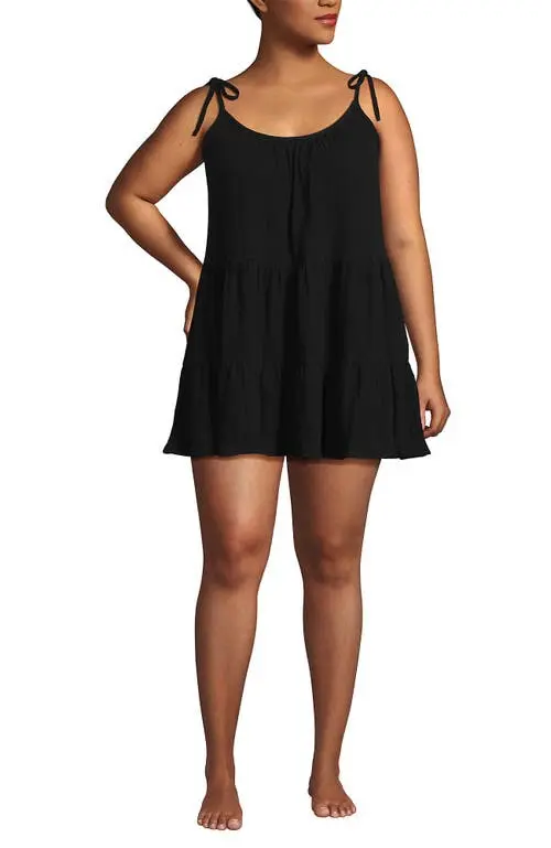 LANDS' END Cotton Gauze Metallic Tiered Mini Dress - Black