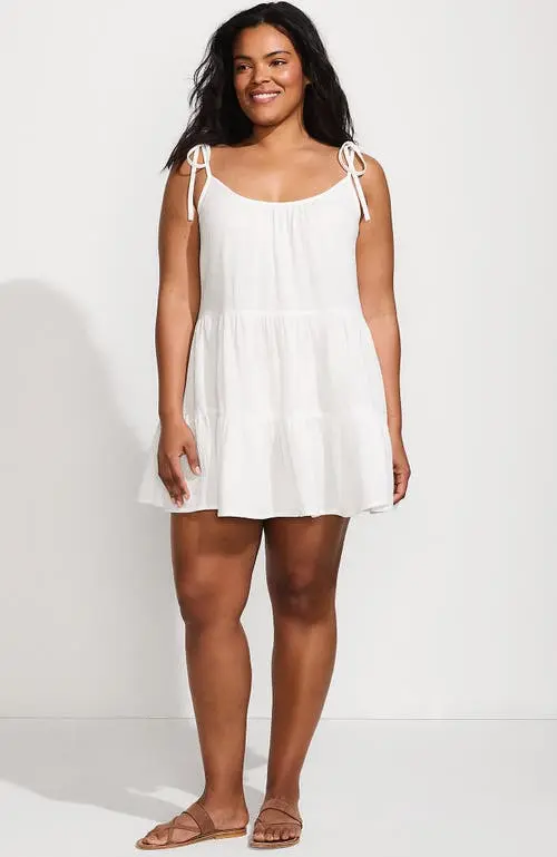 LANDS' END Cotton Gauze Metallic Tiered Mini Dress - Chalk White