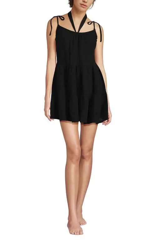 LANDS' END Cotton Gauze Metallic Tiered Mini Dress - Black