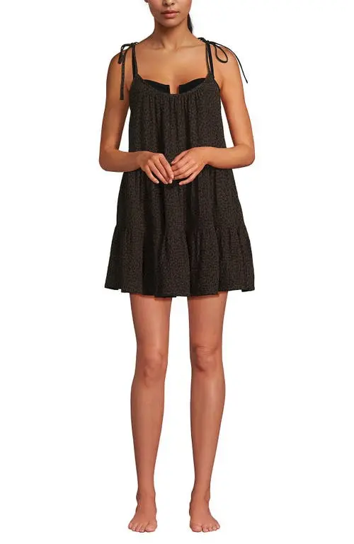 LANDS' END Cotton Gauze Metallic Tiered Mini Dress - Brown Leopard