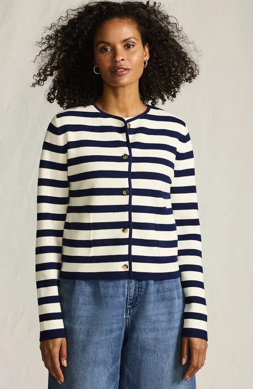 LANDS' END Fine Gauge Cotton Milano Blazer Sweater - Fresh Ivory/navy Breton Stripe
