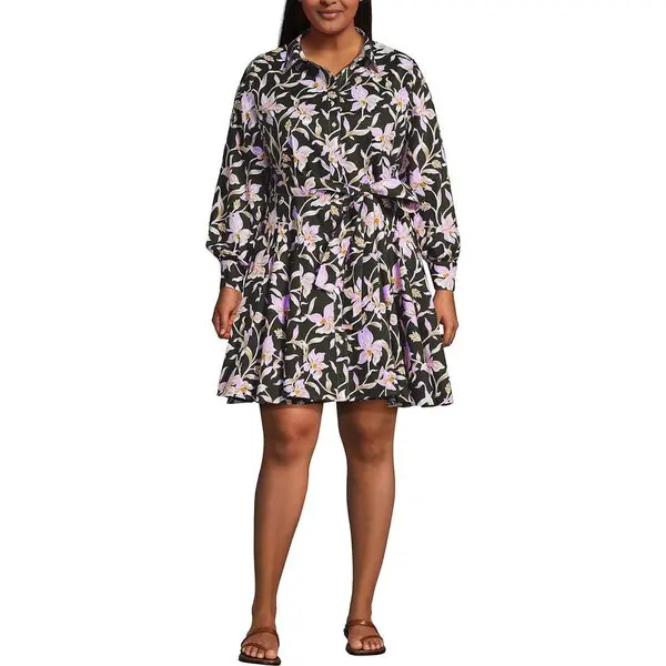 LANDS' END Poplin Button-front Shirred Dress With Godets - Forest Moss Tropic Floral