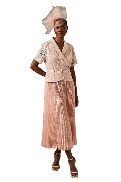 Coast Lace Jacket Pleated Midi Dress - Blush