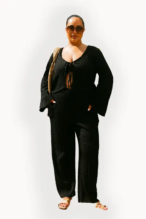 FASHION-SZN CURVE Crochet Tie-front Resort Top - Black
